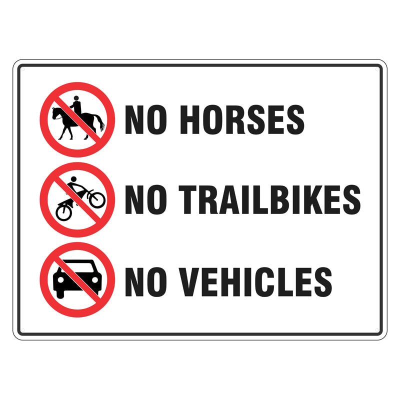 Prohibition Sign - No Horses / Trailbikes / Vehicles — Safetysigns.com.au