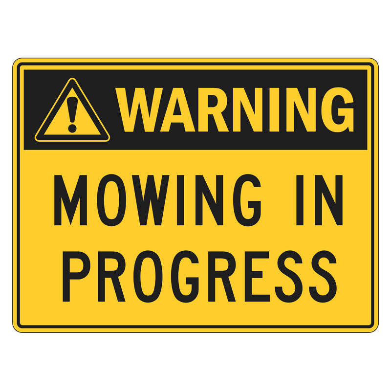 Warning Sign - Mowing In Progress 450x600mm Metal — Safetysigns.com.au